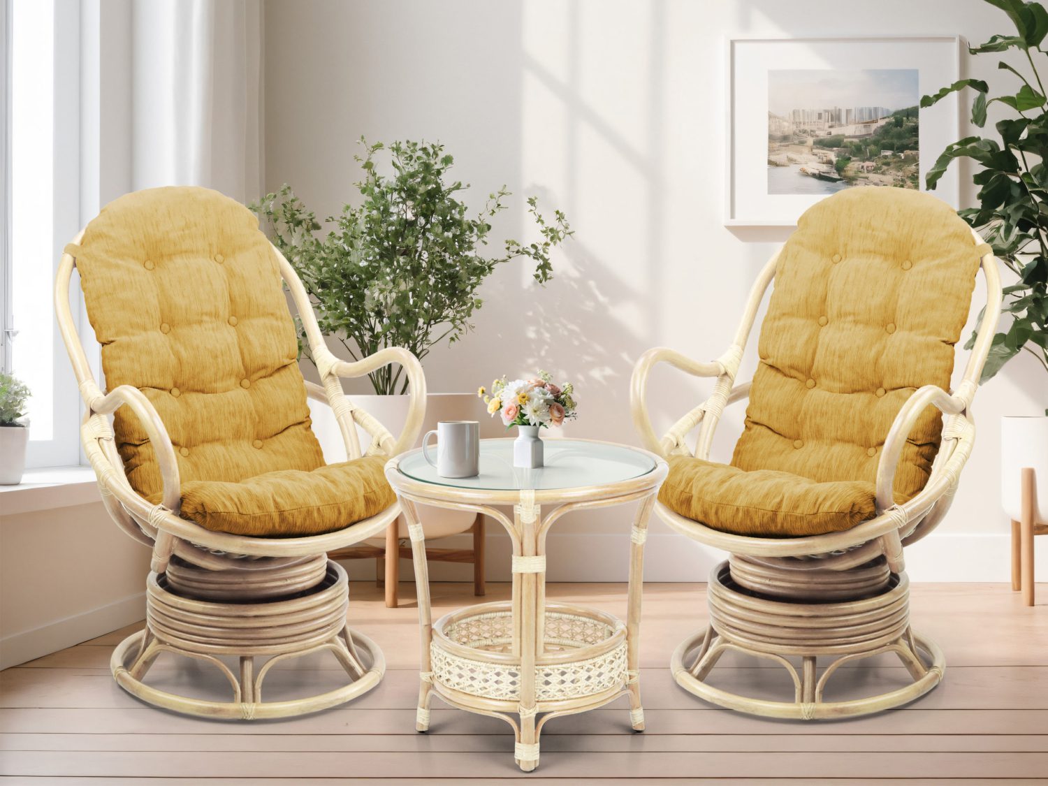 Java Living Set of 3 pcs, White Wash color Light Brown cushions